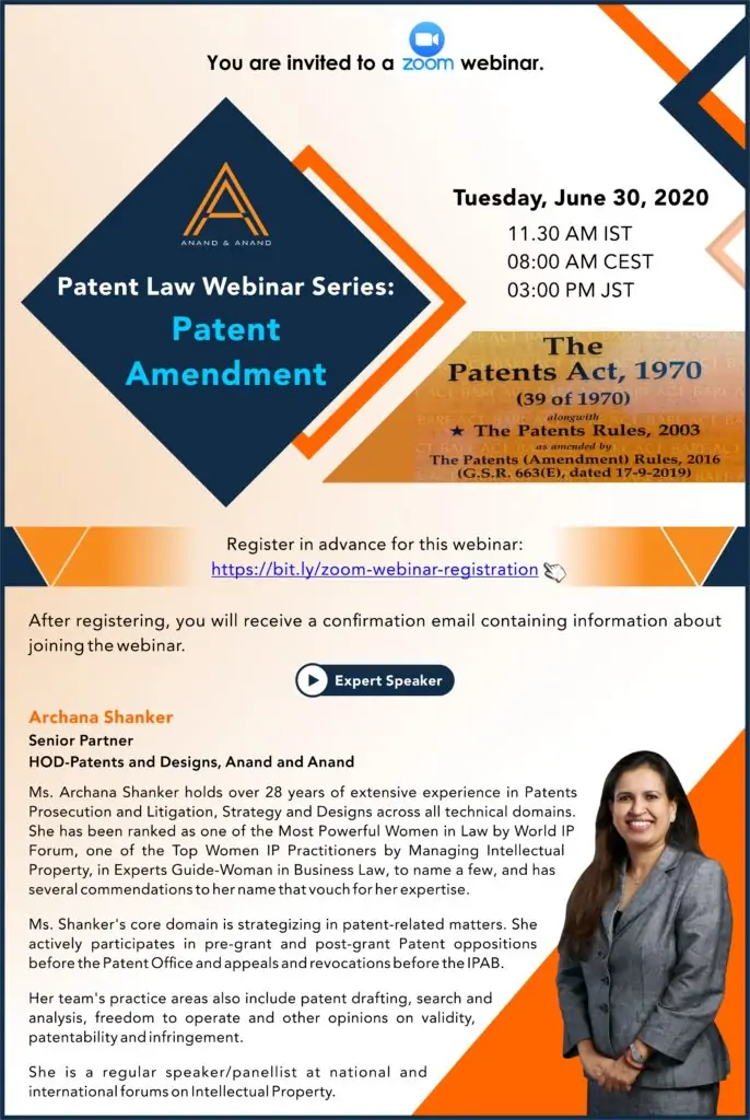 Coming Up: Patent Law Webinar Series - Patent Amendment | Anand & Anand